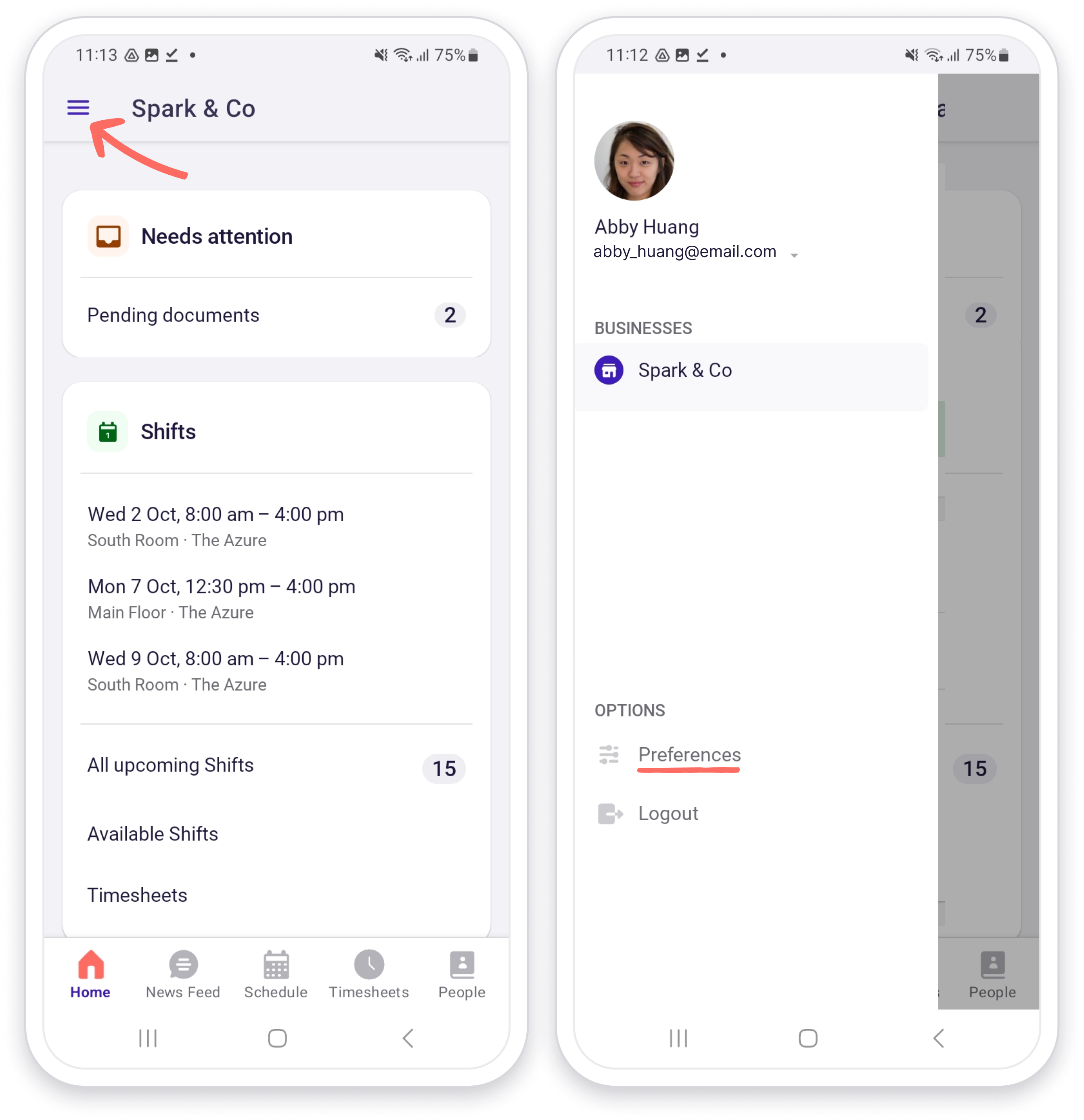Managing preferences for viewing shift times on mobile across different ...