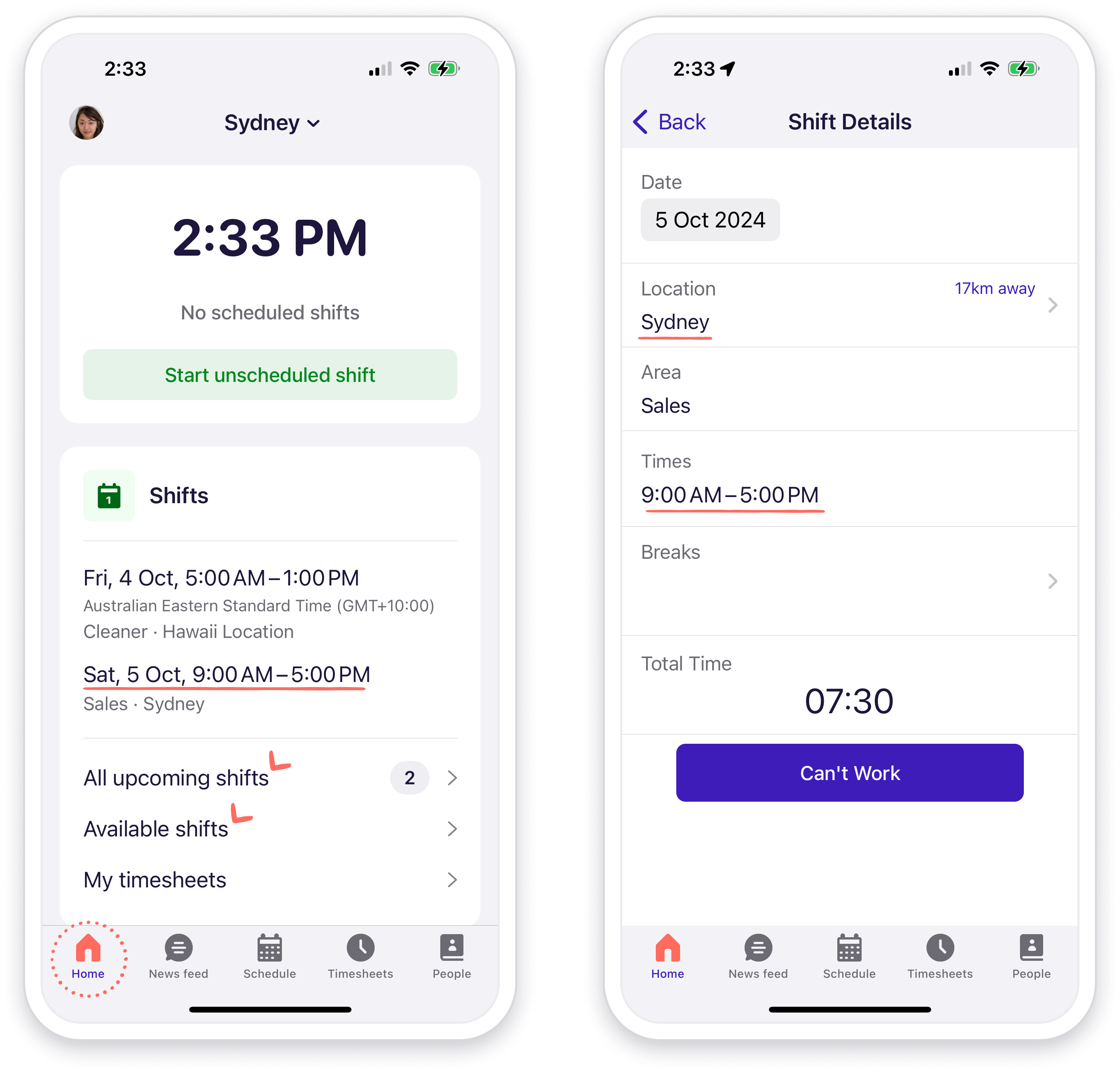 Managing preferences for viewing shift times on mobile across different ...