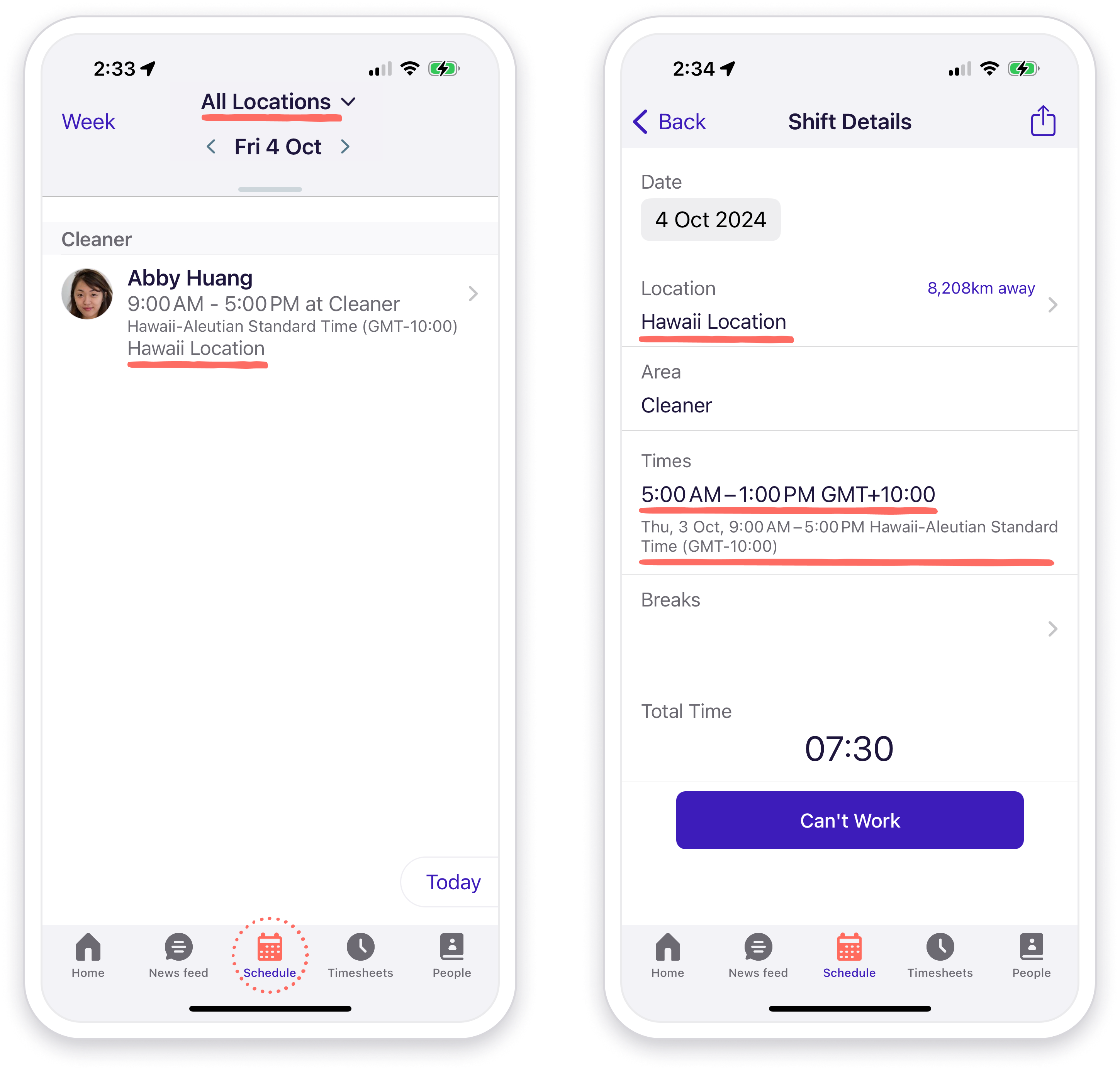 Managing preferences for viewing shift times on mobile across different ...