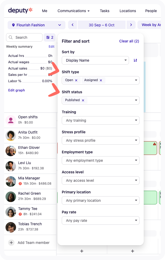 Schedule filtering and management – Deputy Help Center
