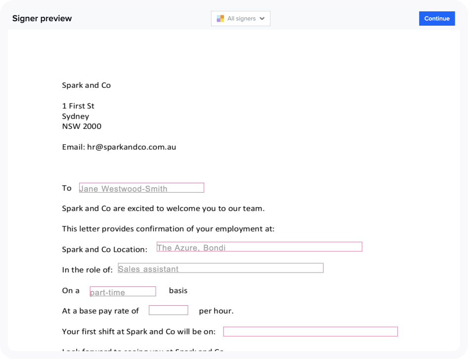 Managing signature templates to send documents to team members for ...