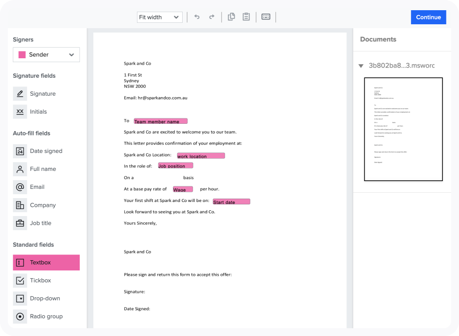 Managing signature templates to send documents to team members for ...