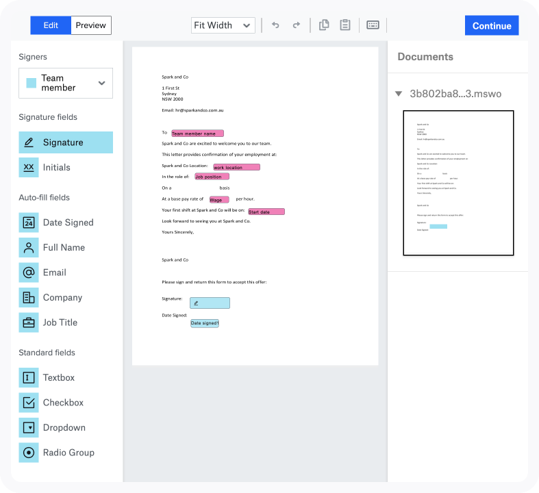 Managing signature templates to send documents to team members for ...